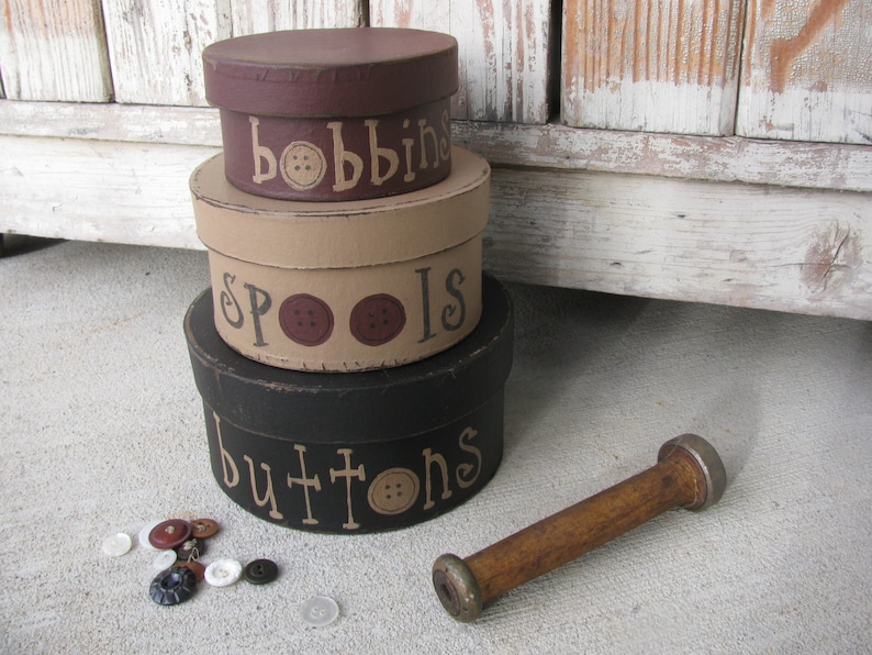 Primitive Sewing Notions Buttons and Spools Stacking Boxes | Etsy