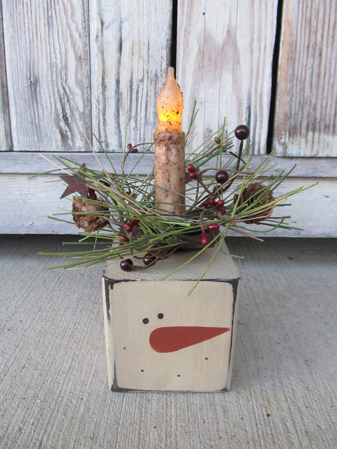 Primitive Snowman Wooden Block Timer Light With Long Needle Pine and ...