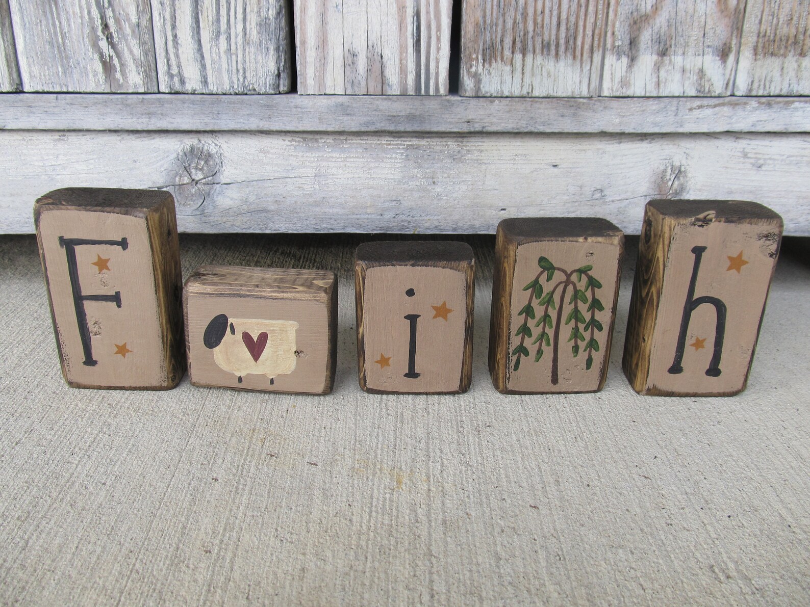 Primitive Faith Wooden Blocks Set of 5 With Sheep and Willow - Etsy