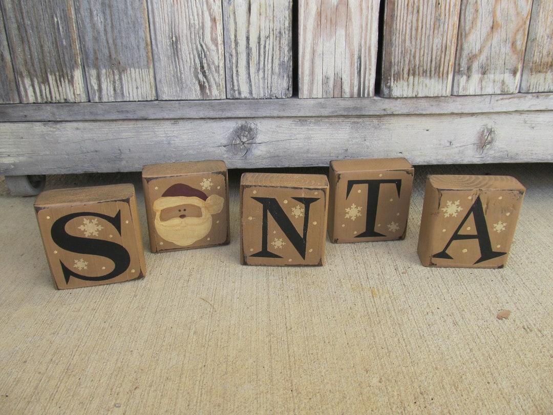Primitive SANTA With Santa Claus Set of 5 Wooden Blocks GCC8070 - Etsy