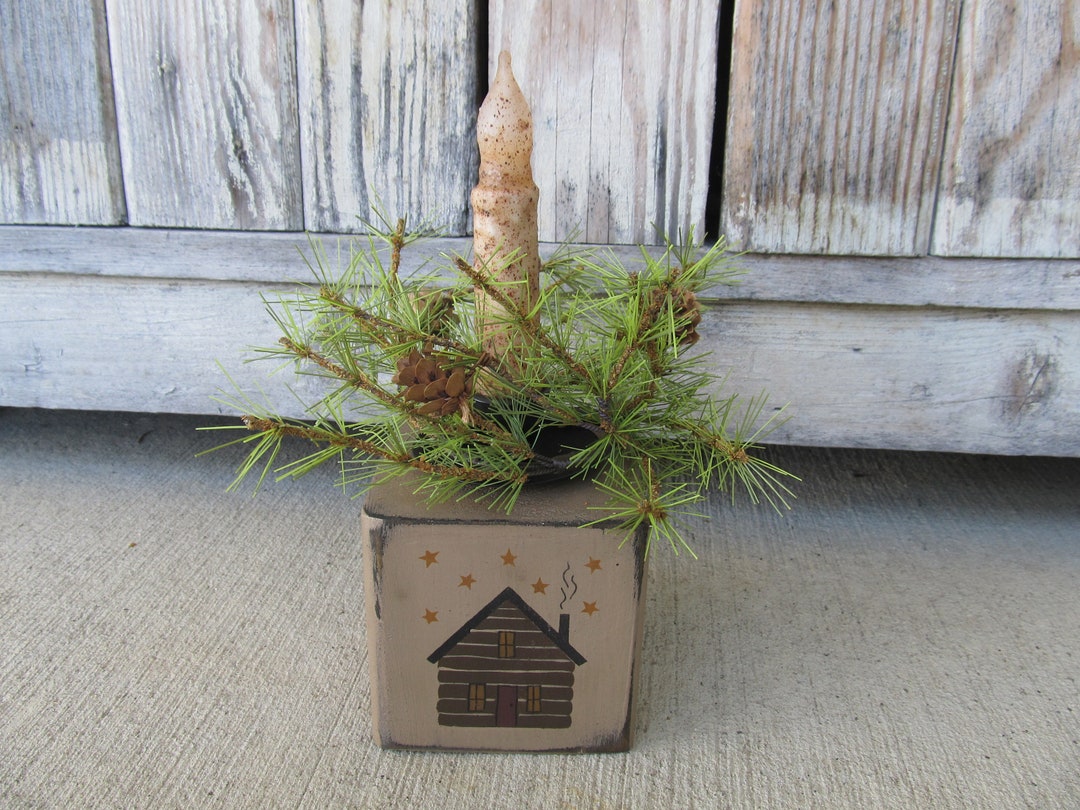 Primitive Rustic Log Cabin Wooden Block Timer Light With Pine Wreath ...
