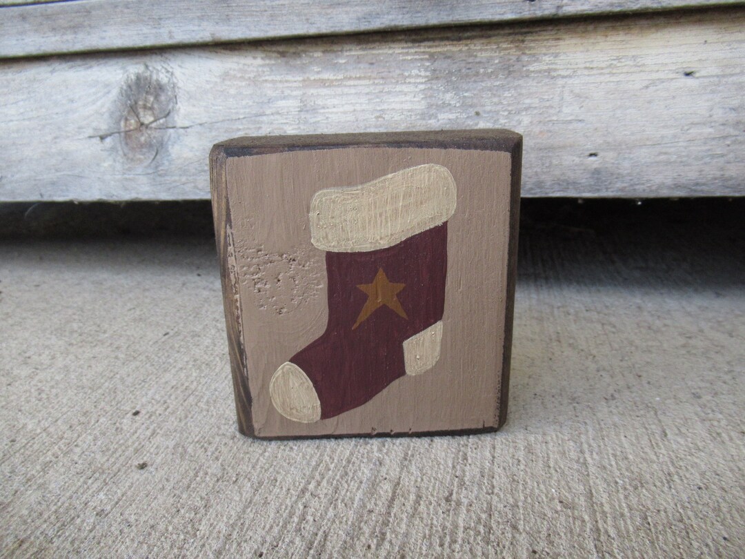 Primitive Christmas Winter Stocking Mini Wooden Block With Color ...