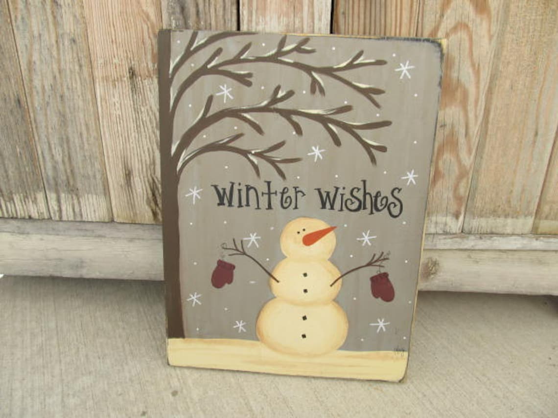 Primitive Hand Painted Snowman with Tree Winter Sign GCC07268 | Etsy