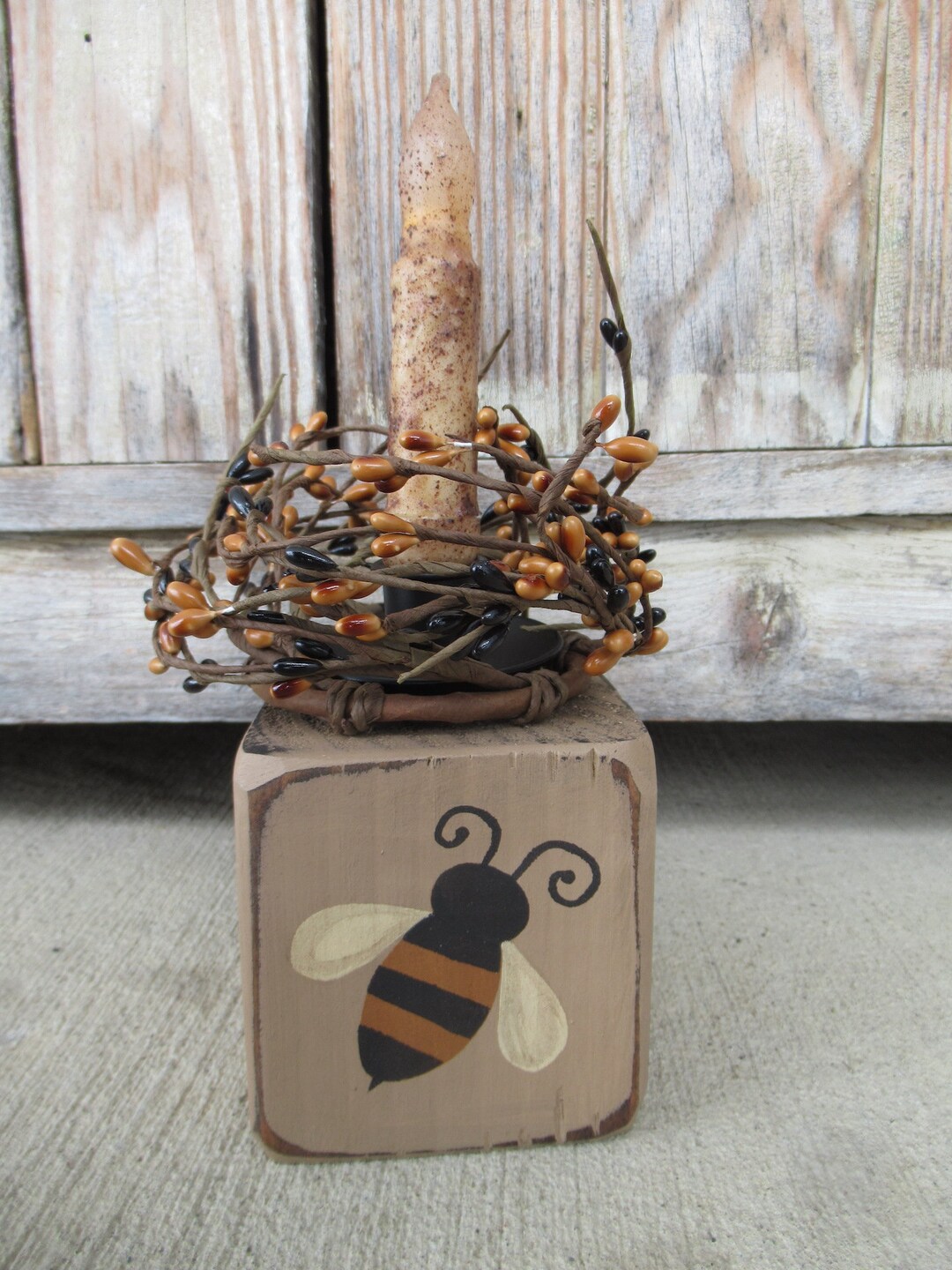 Primitive Spring Summer Bumble Bee Wooden Block Timer Light With Black ...