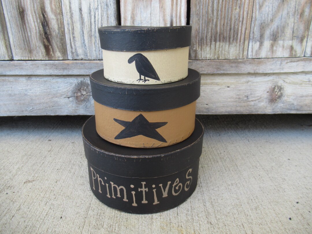 Primitives Star and Crow Hand Painted Round Set of 3 Stacking Boxes ...