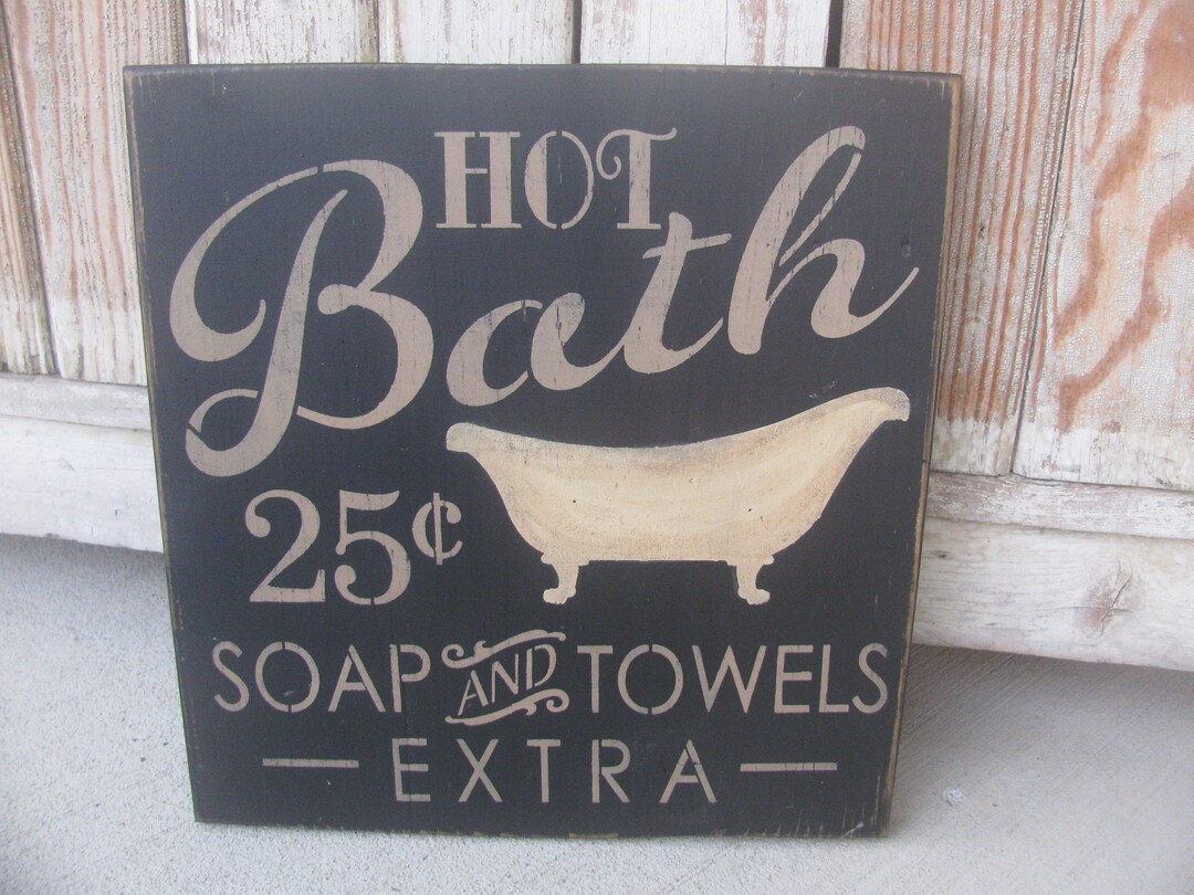 Primitive Hot Bath Soap and Towels Extra Bathroom Hand Stenciled Wooden ...