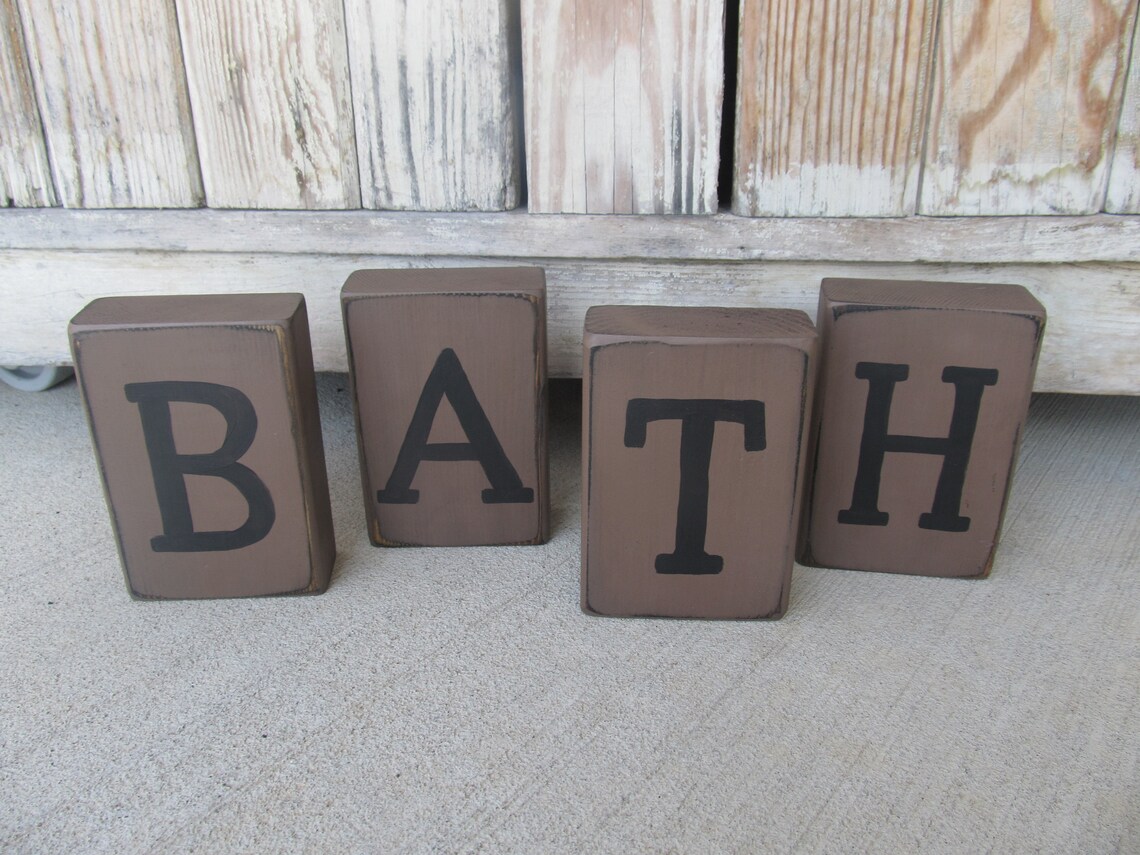 Primitive Bath Wooden Block Letter Set of 4 With Color Choices | Etsy