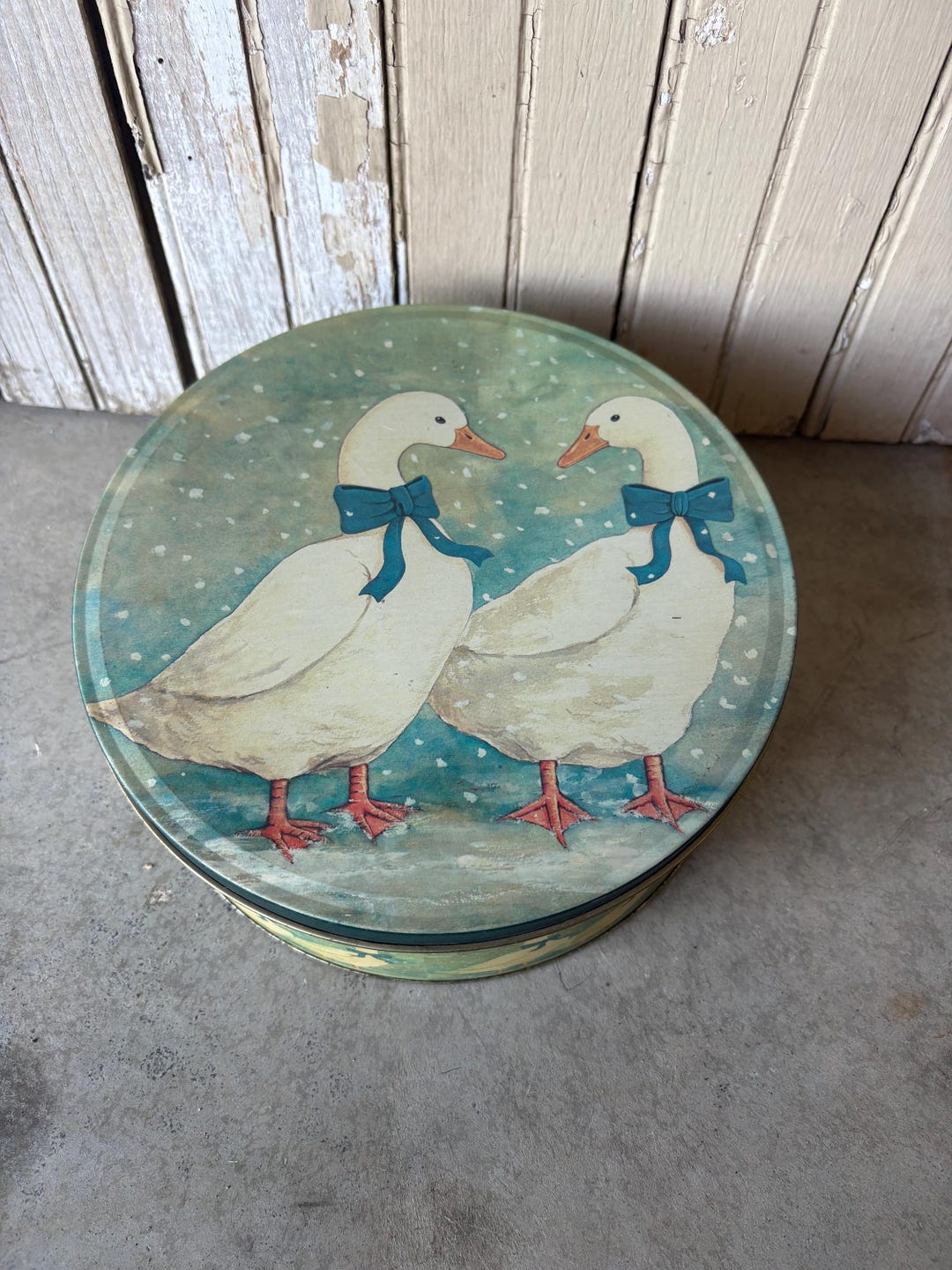 Vintage Country Blue Ribbon Bow Geese/goose Tin Cookie Cracker Canister ...