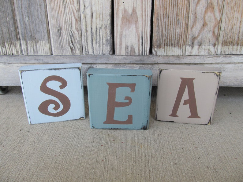 Nautical Beach Coastal SEA Wooden Block Set of 3 GCC6282 | Etsy