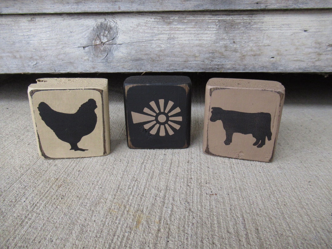 Primitive Country Farmhouse Windmill Chicken Cow Stacker Mini Blocks ...