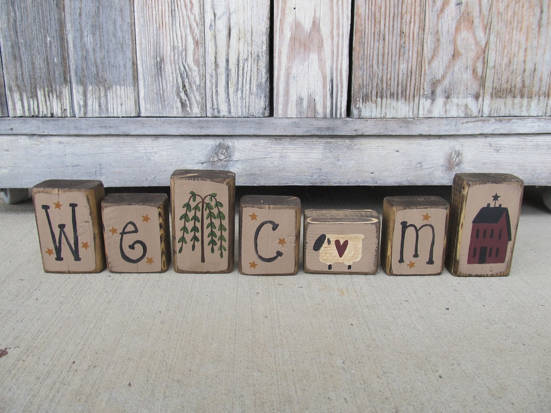 Primitive Welcome Wooden Blocks Set of 7 With Willow Tree Sheep and ...