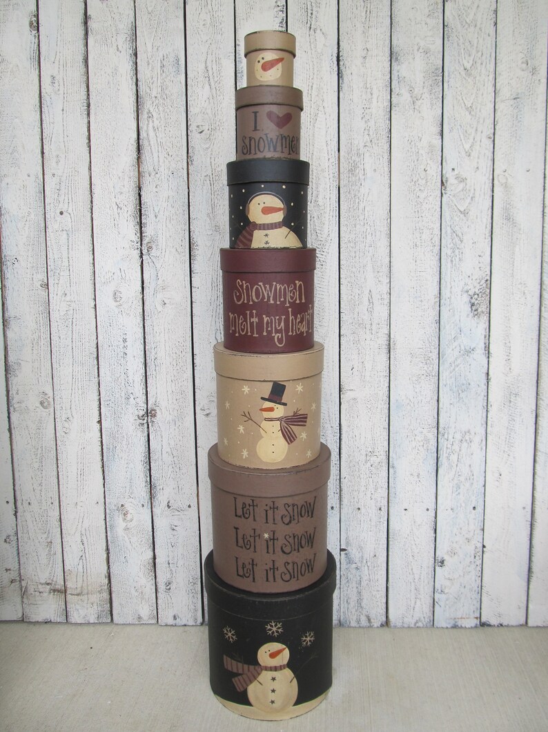 Primitive Hand Painted Set of 7 Snowman Stacking Round Boxes - Etsy