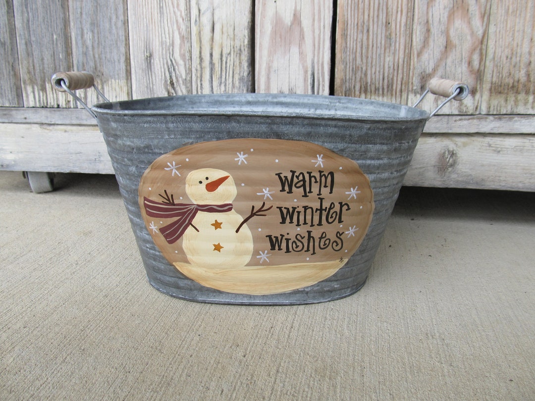Primitive Snowman Hand Painted Galvanized Oval Tub GCC7923 - Etsy