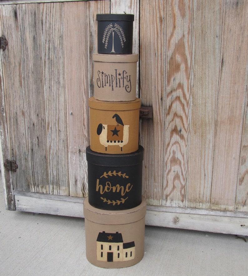 Primitive Saltbox Home Set of 5 Oval Stacking Boxes With Sheep - Etsy