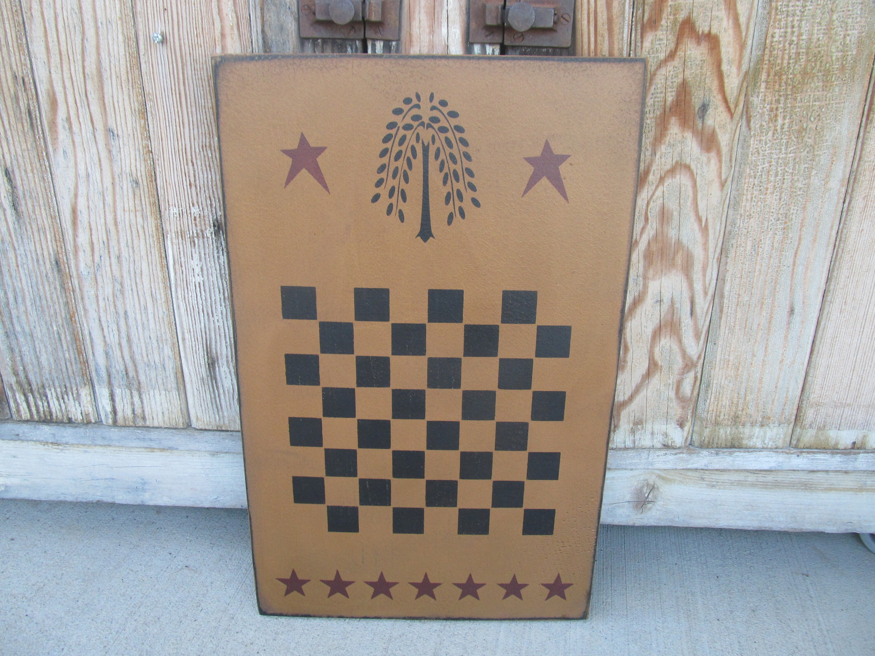 Primitive Colonial Willow and Stars Wooden Checkerboard 12x18 Game ...