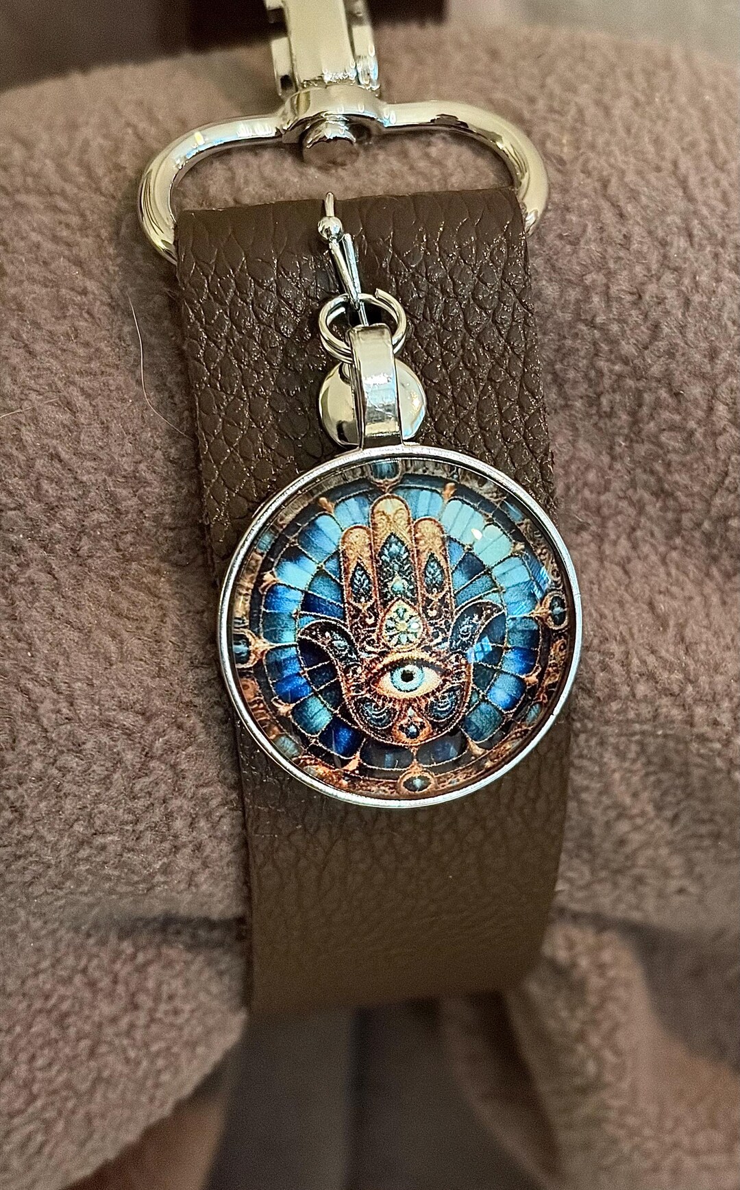 Hasma Symbol Hand, Eye in Rich Blue and Browns on Brown Textured Faux ...