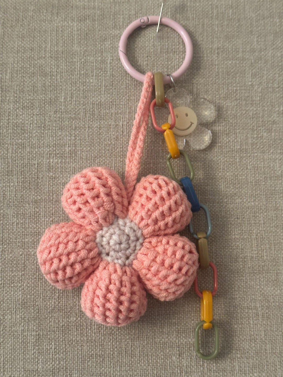 Crocheted Daisy Pink Keychain Floral Crocheted Keychain Crochet Flower ...