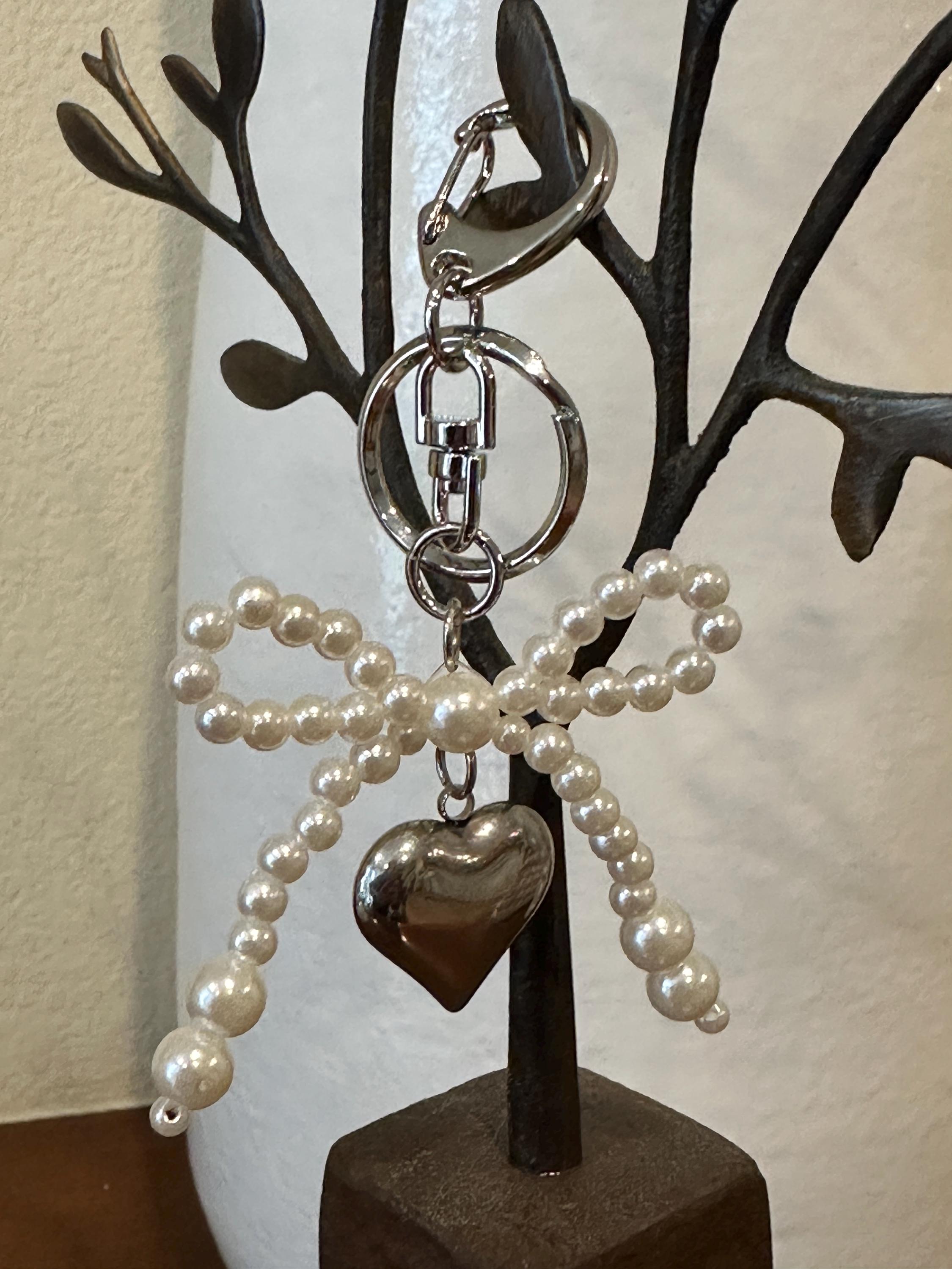 Beaded Pearl Bow Keychain | Cute Heart Charm Keychain | Pearl Bow ...
