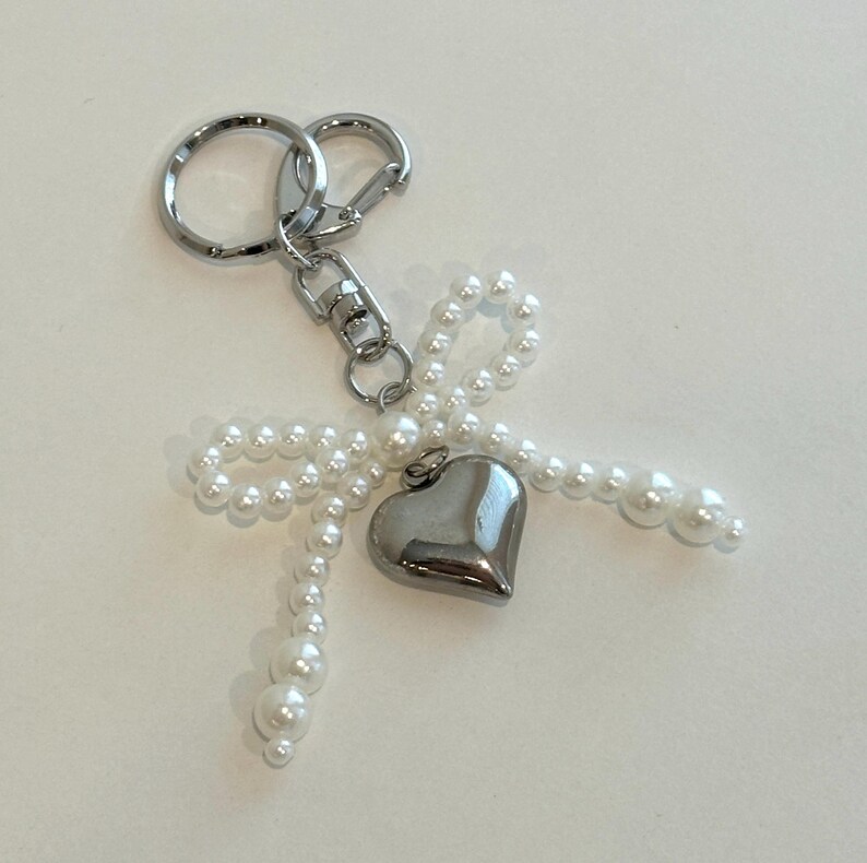 Beaded Pearl Bow Keychain | Cute Heart Charm Keychain | Pearl Bow ...