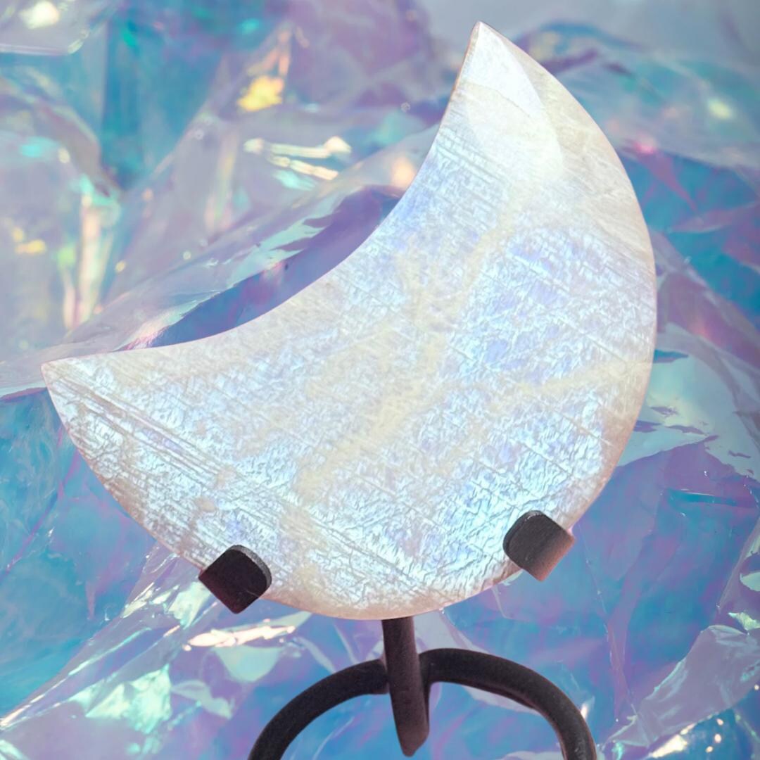 Moonstone Crescent Moon Crystal W/ Stand | Blue Flash & Gold Shimmer ...