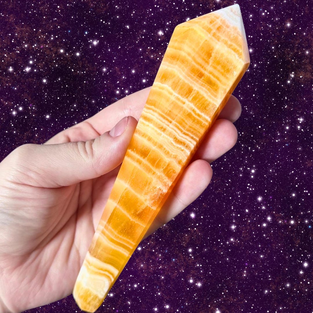 Orange Calcite Tower • 6.5” Polished Crystal Point • Banded Sunset Glow ...