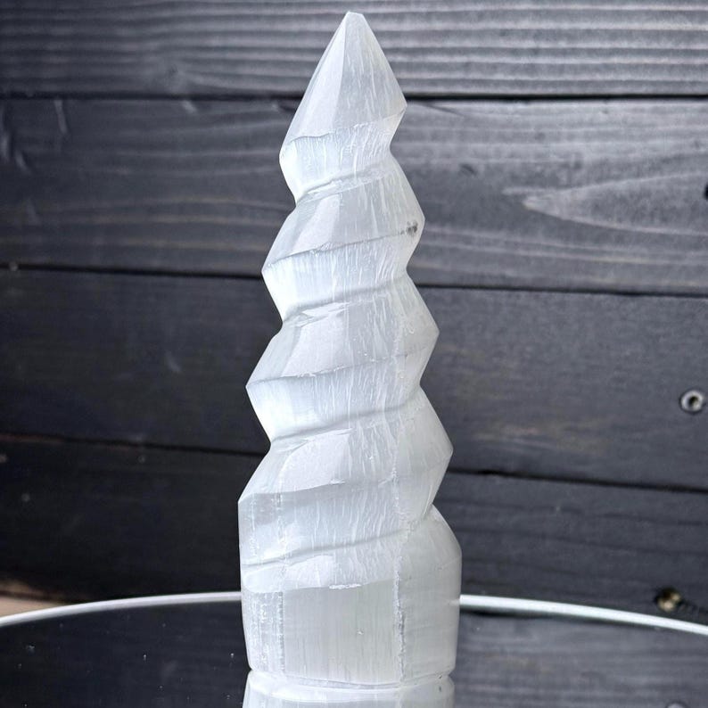 Satin Spar Spiral Tower 6” • Polished Selenite Unicorn Horn Crystal ...