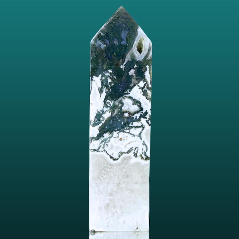 Large Moss Agate Druzy Quartz Tower – Rainbow Inclusions, Heart Chakra ...