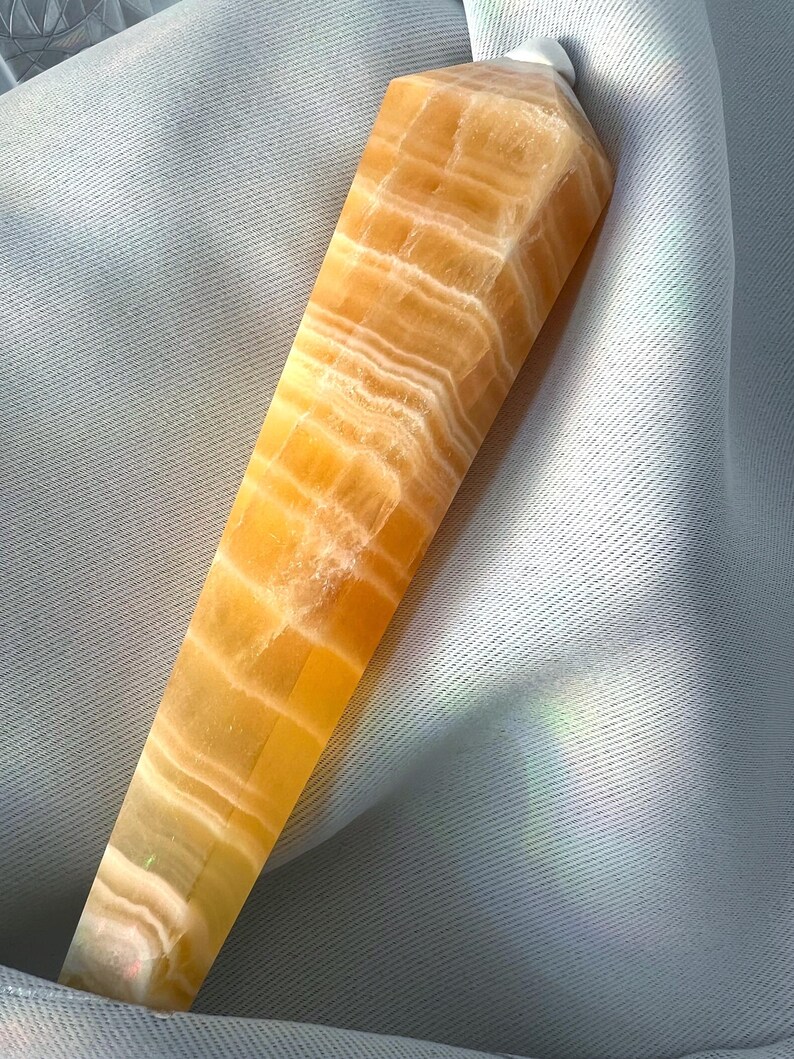 Orange Calcite Tower • 6.5” Polished Crystal Point • Banded Sunset Glow ...