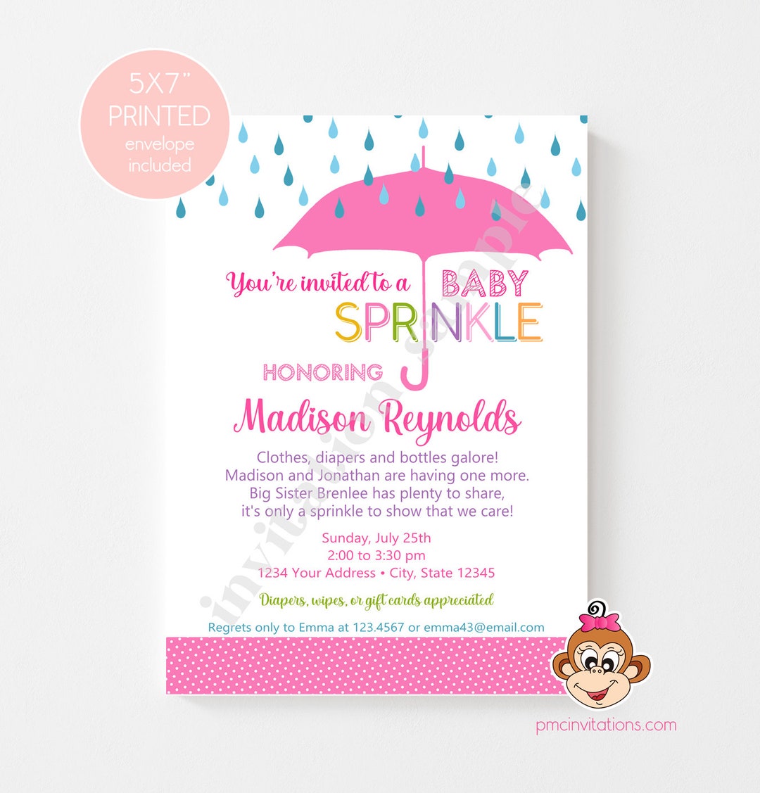 Custom PRINTED 5x7" Pink Umbrella Rain Baby Sprinkle Invitations, Girl ...