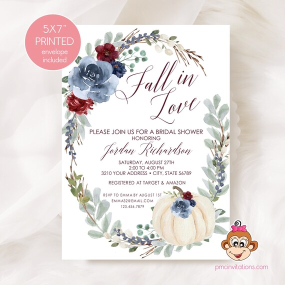 Printed 5X7" Fall in Love Bridal Shower Invitations, Pumpkin, Navy Burgundy Greenery, Autumn ...