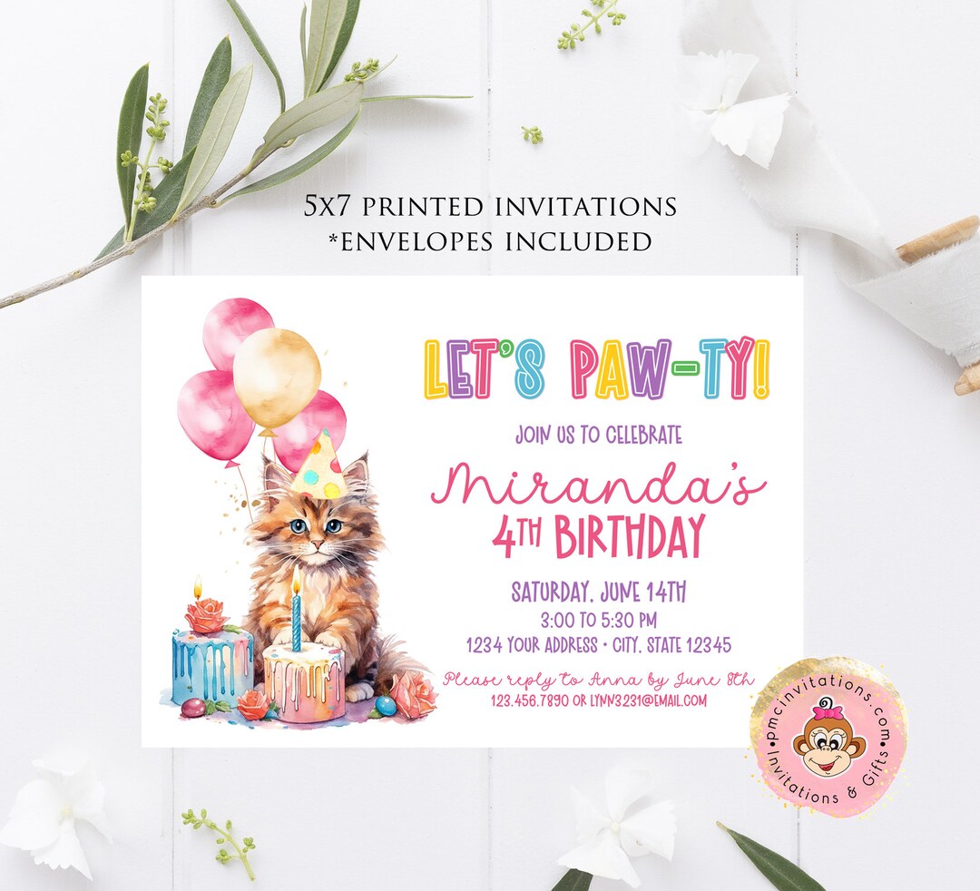 Printed Kitten Birthday Invitation, Birthday, Any Age, 5x7" Birthday ...