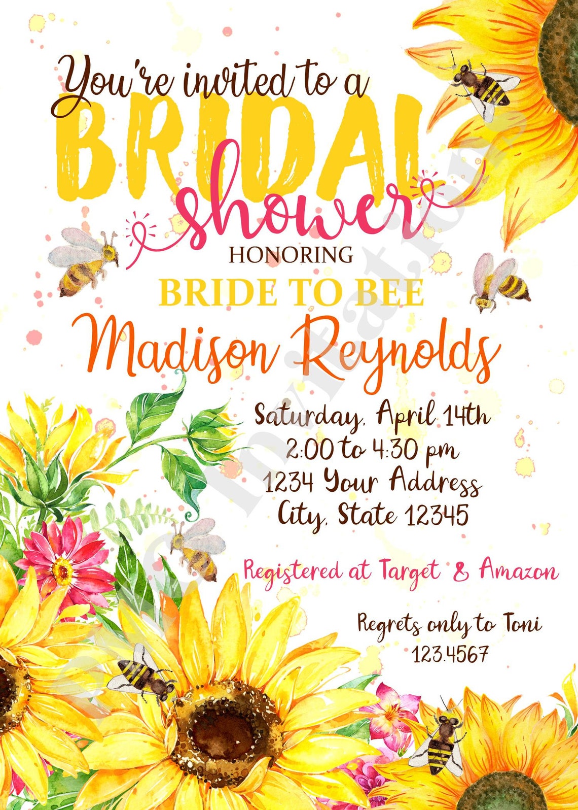 Custom Printed Sunflower, Bride to Bee, Bridal Shower Invitation ...