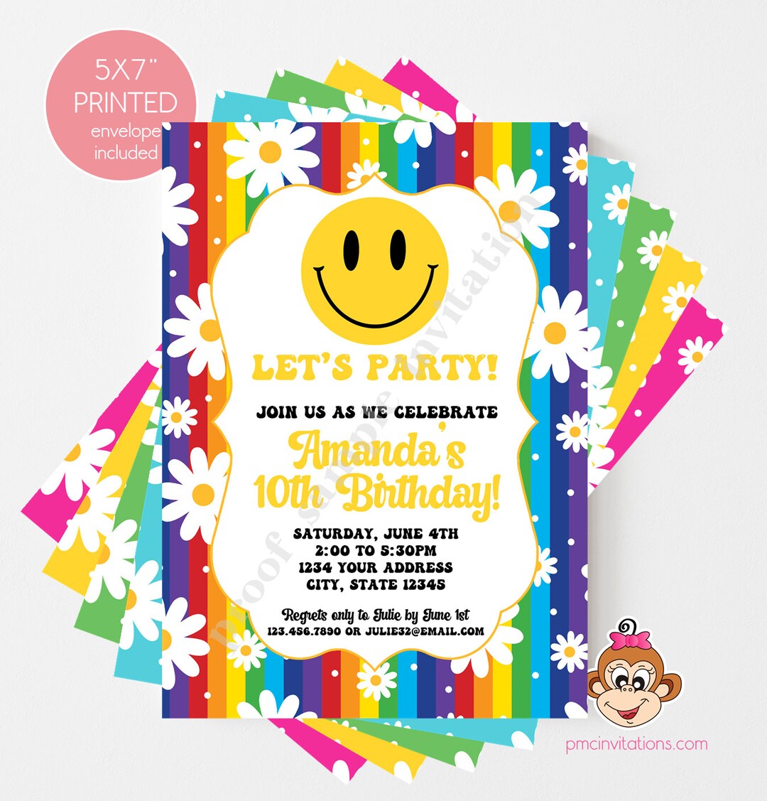 Printed 5x7" Smiley Face Birthday Invitations, Daisy, Smiley Face ...