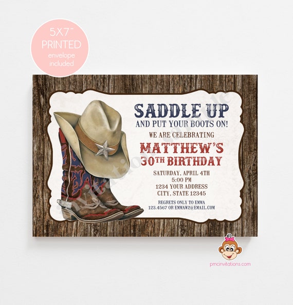Custom PRINTED 5X7" Country Western Invitation, Rustic Wood, Cowboy Hat ...