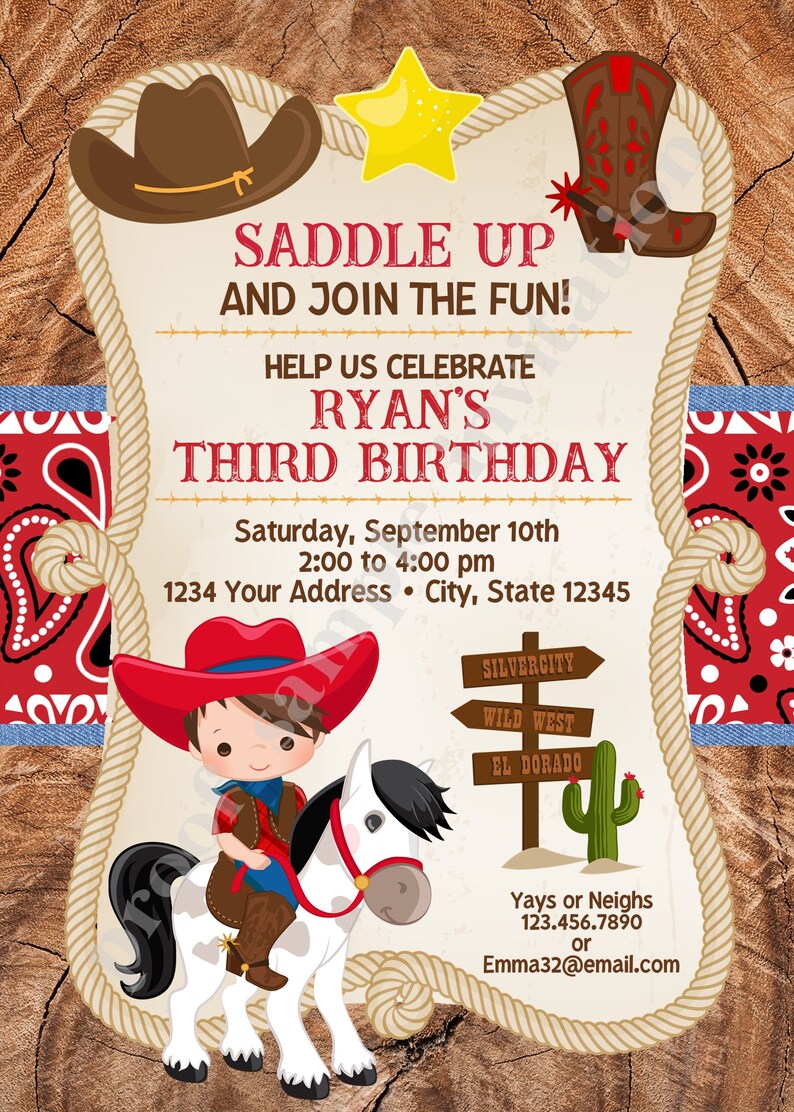 Custom PRINTED 5X7 Cowboy Birthday Invitation Cowboy - Etsy