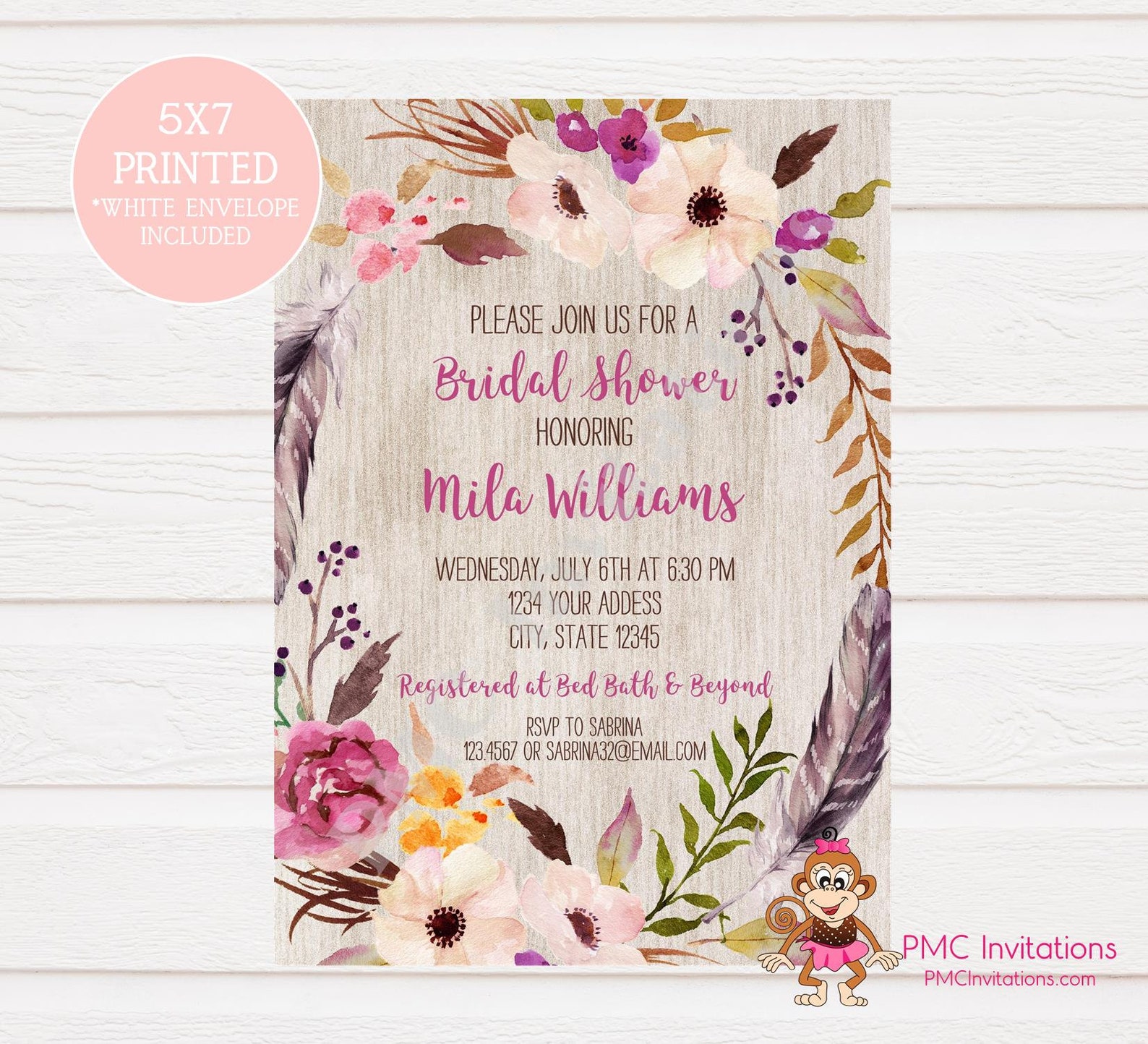 Custom Printed Floral Boho Bridal Shower Invitations - Bridal Party ...