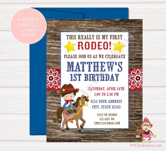 Custom PRINTED 4.25X5.5" First Rodeo Birthday Invitation, Cowboy, My ...