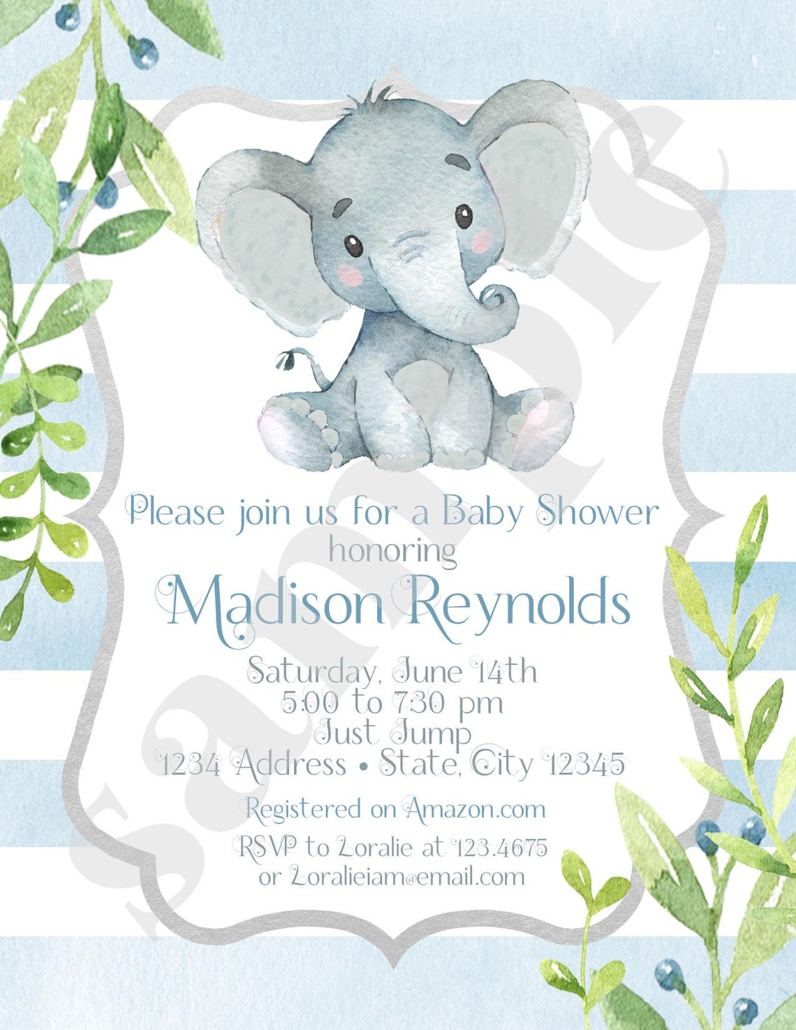 Custom PRINTED 4.25X5.5 Watercolor Blue Gray Boy Elephant Baby | Etsy