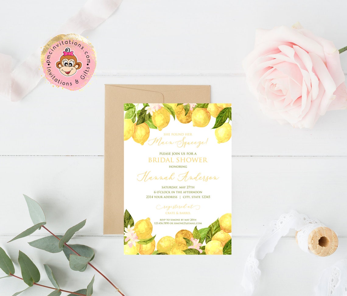Custom Printed Watercolor, Lemon Bridal Shower Invitations, Main ...