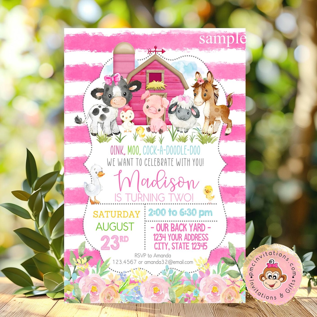 Printed 5x7" Farm Birthday Invitation, Girl Farm Invitation, Girl Farm ...