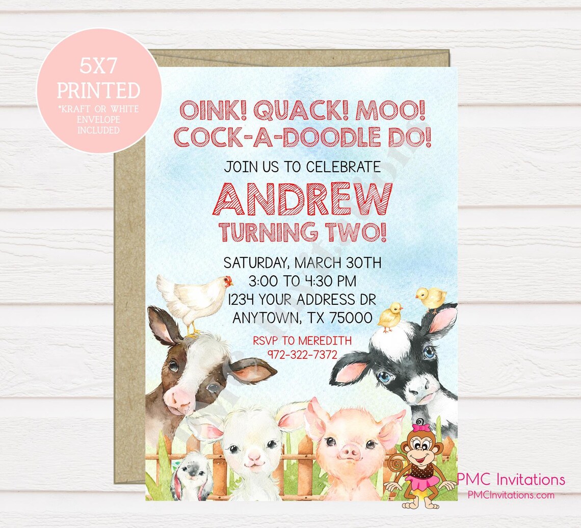 Custom PRINTED Barn Animals Birthday Invitation, Barn Farm Animals ...