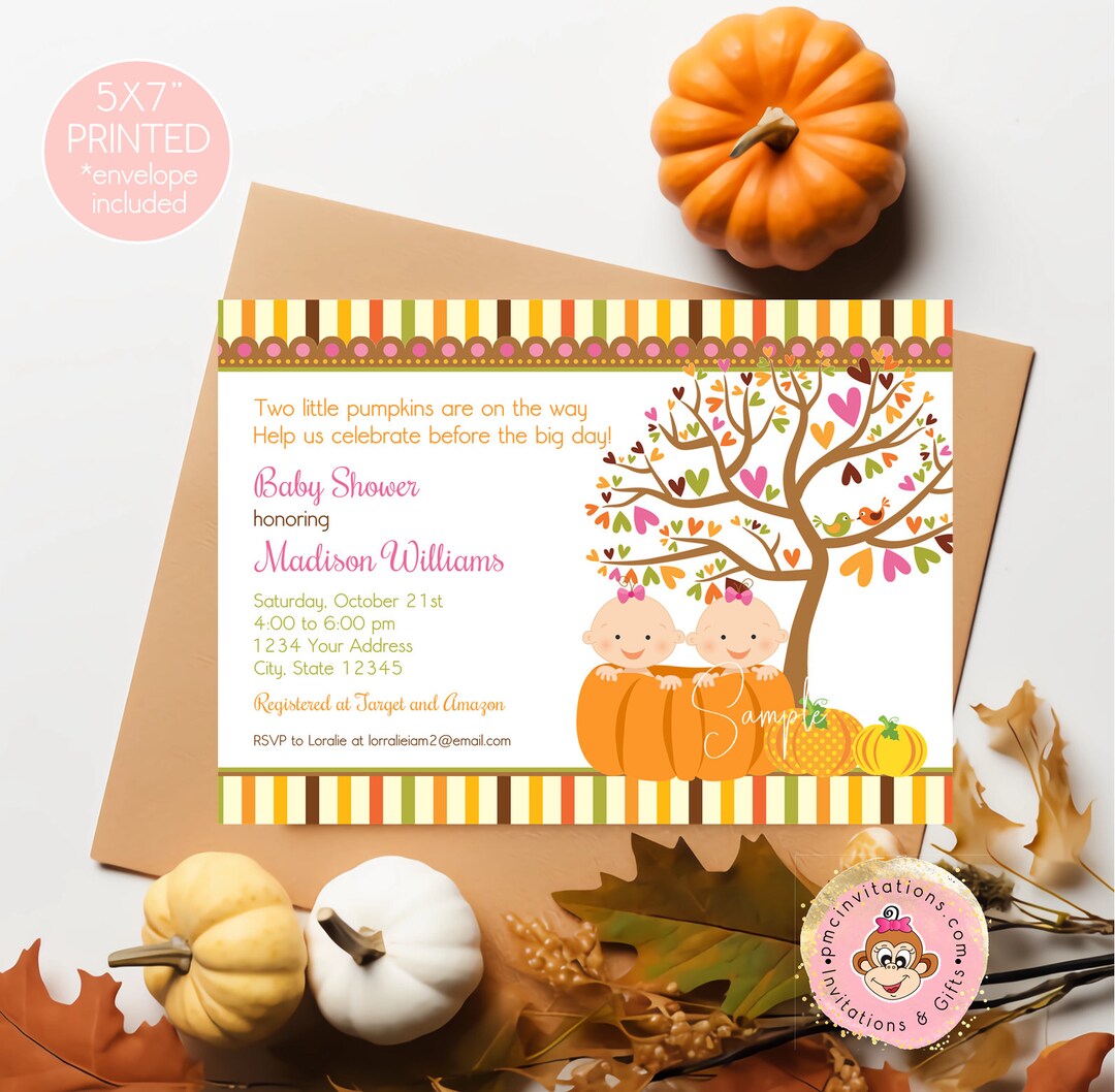 Printed Twin Girl Pumpkin Baby Shower Invitations, Twin Girl Baby ...