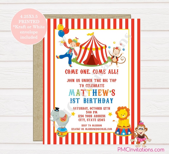 Custom PRINTED 4.25X5.5 Circus Clown Carnival Birthday Invitations ...