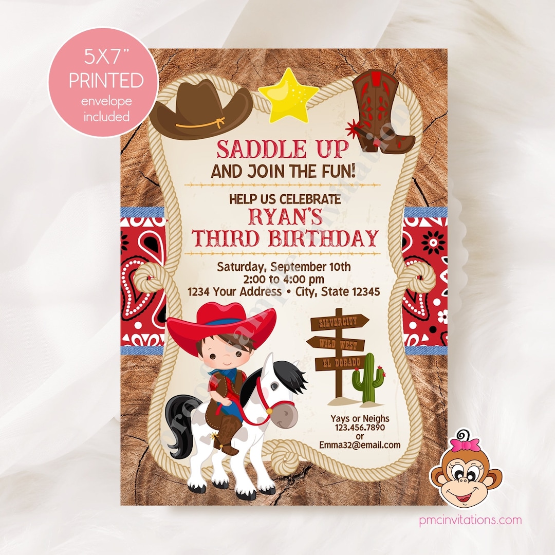 Custom PRINTED 5X7 Cowboy Birthday Invitation, Cowboy, Western, Rodeo ...