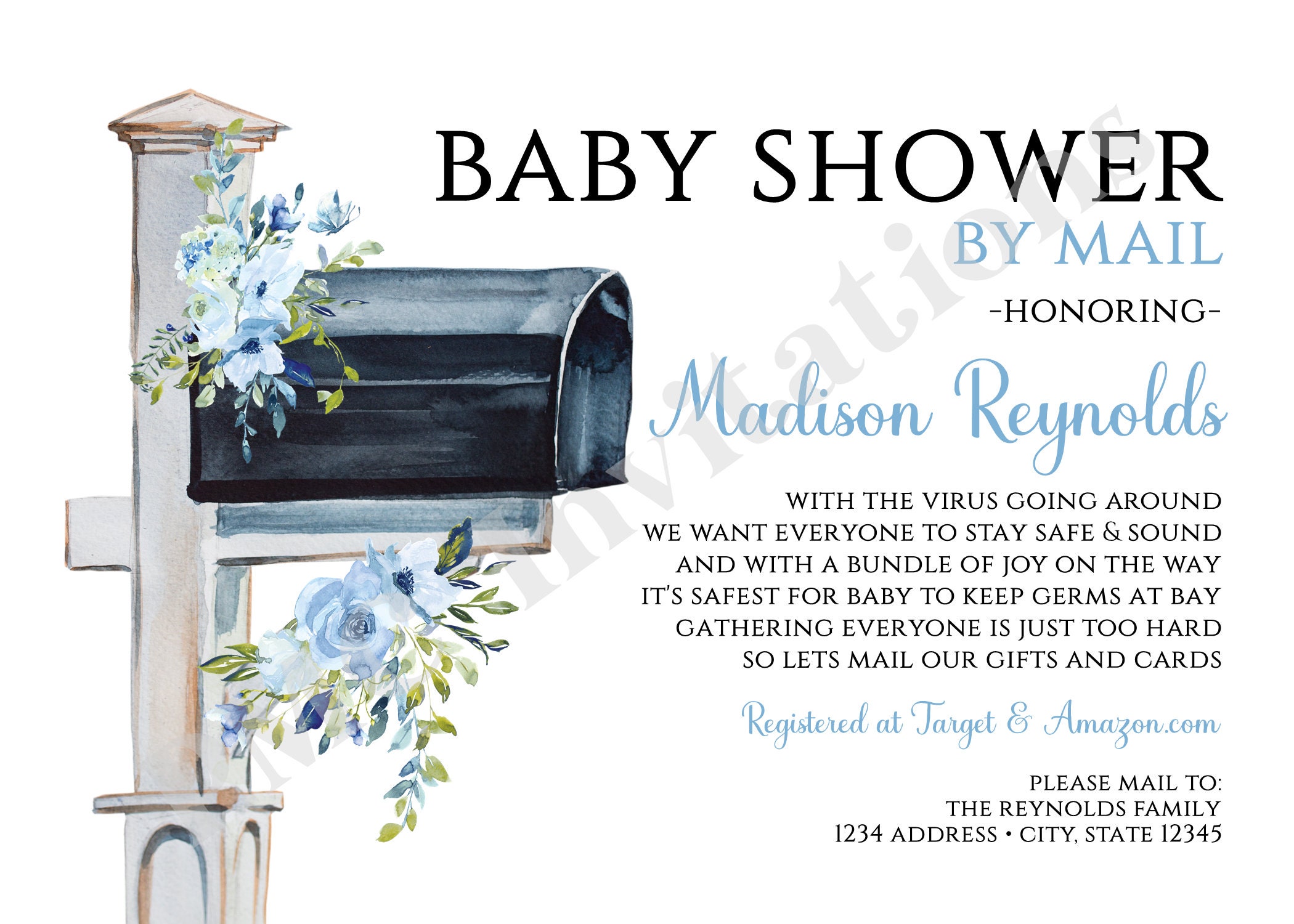 Custom Printed 5x7 Mailbox Blue Floral Baby Shower - Etsy