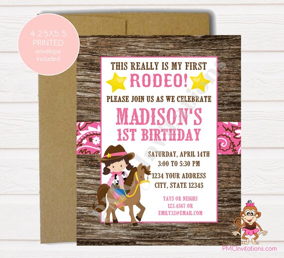 Custom PRINTED 4.25X5.5" Pink Girl, First Rodeo Birthday Invitation ...