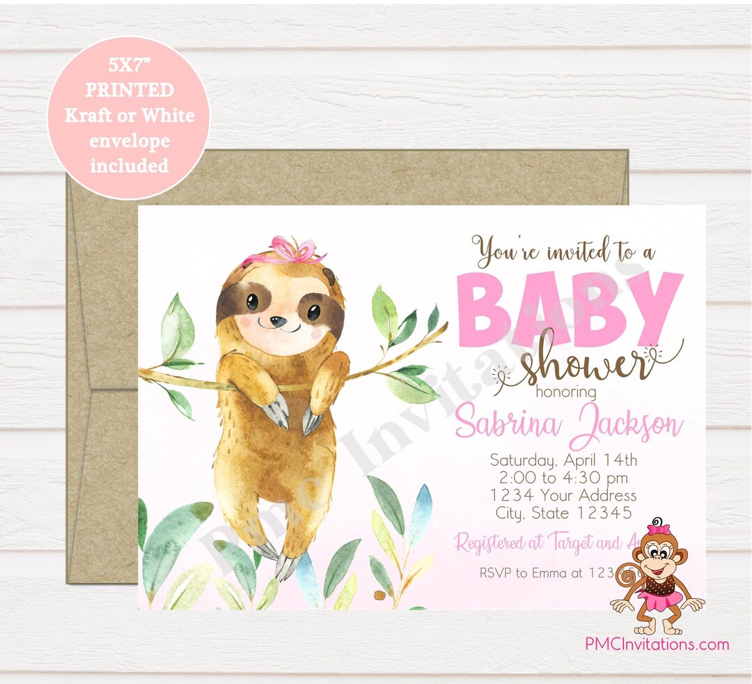 Custom PRINTED 5x7" Watercolor Sloth Baby Shower Invitation, Girl Pink ...