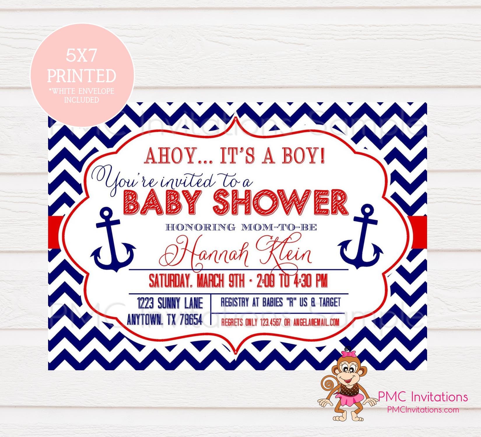 Custom Printed Chevron Nautical Anchor Baby Shower Invitations - 1.00 ...