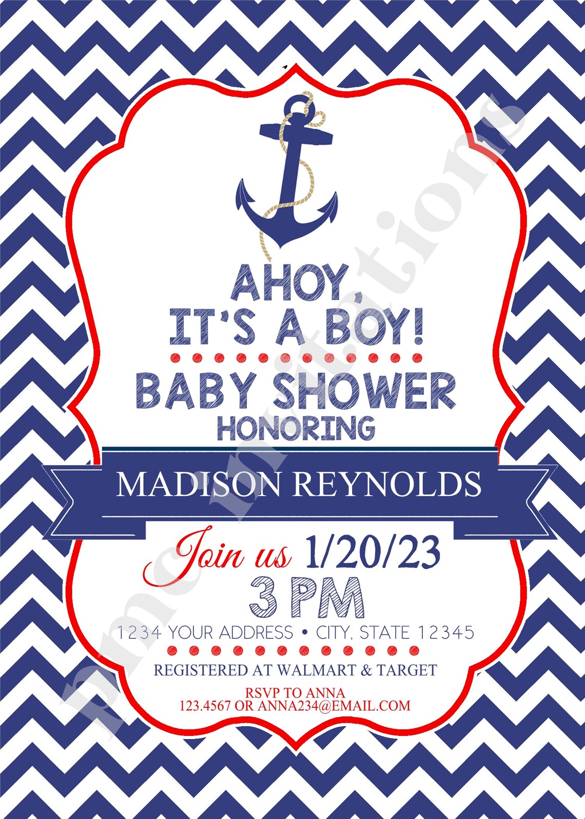 Custom Printed Navy Blue and Red Chevron Nautical Baby Shower ...