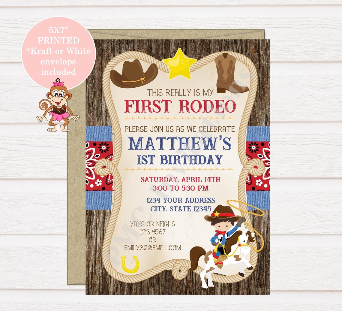 Custom PRINTED First Rodeo Birthday Invitation Cowboy First - Etsy